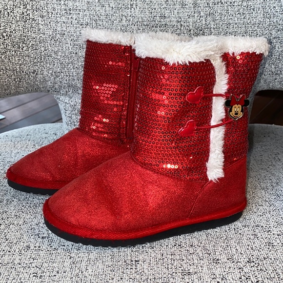 Disney | Shoes | Disney Red Minnie Mouse Sequin Fur Boots | Poshmark